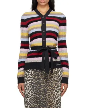 GANNI Striped Belted Cardigan