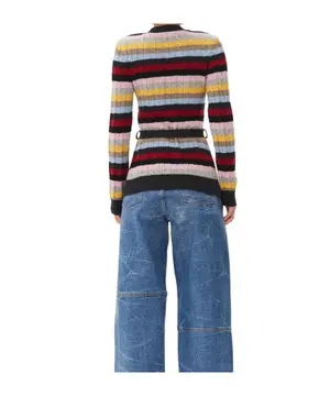 GANNI Striped Belted Cardigan