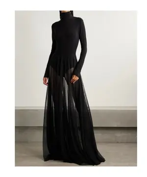 Norma Kamali Long Sleeve Turtleneck Mesh Maxi Dress