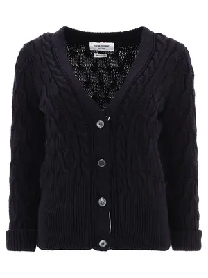 Thom Browne Cable Knit V-neck Cardigan With Signature Striped Trim
