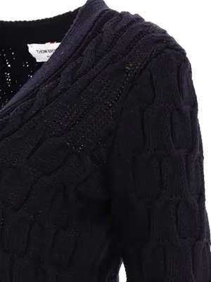 Thom Browne Cable Knit V-neck Cardigan With Signature Striped Trim
