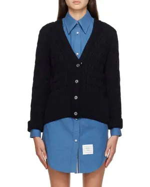 Thom Browne Cable Knit V-neck Cardigan With Signature Striped Trim