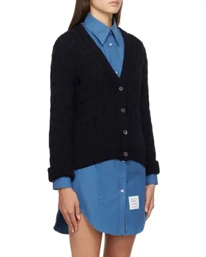 Thom Browne Cable Knit V-neck Cardigan With Signature Striped Trim