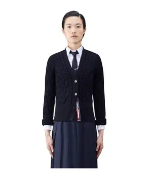 Thom Browne Cable Knit V-neck Cardigan With Signature Striped Trim