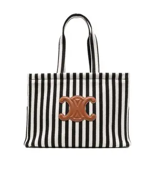 Celine Large Cabas Thais Tote Bag In Striped Textile And Calfskin - Black
