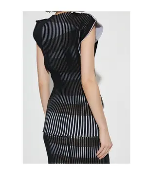 Issey Miyake Striped Pleated Top With Frayed Cuffs