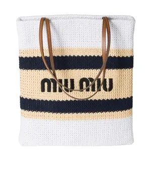 Miu Miu Raffia-effect Woven Tote Bag With Leather Handles - Tan/white