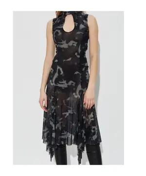 MISBHV Keyhole-neck Asymmetric Dress With Printed Sheer Fabric