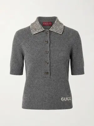 Gucci Ribbed Knit Polo With Crystal Embellished Collar
