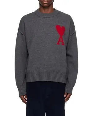 AMI Paris De Coeur Crewneck Long-sleeved Jumper - Gray