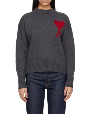 AMI Paris De Coeur Crewneck Long-sleeved Jumper - Gray