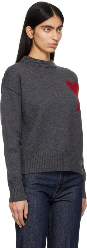 AMI Paris De Coeur Crewneck Long-sleeved Jumper - Gray