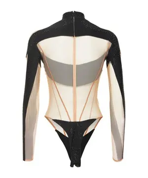 MUGLER High Neck Embellished Tulle Knit Bodysuit