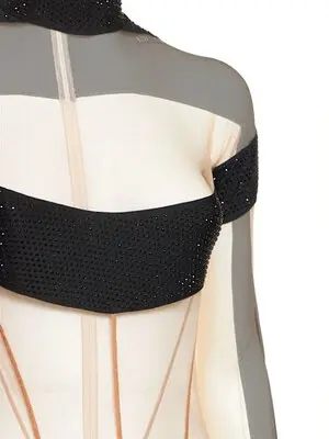 MUGLER High Neck Embellished Tulle Knit Bodysuit