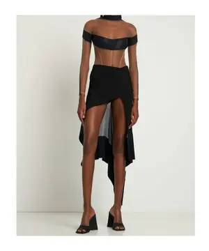 MUGLER High Neck Embellished Tulle Knit Bodysuit