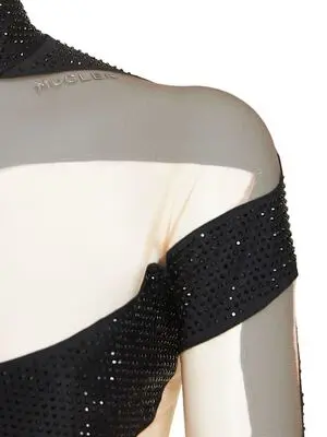 MUGLER High Neck Embellished Tulle Knit Bodysuit