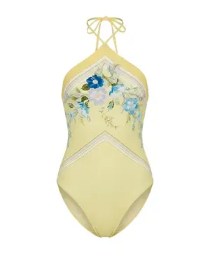 SELF-PORTRAIT Floral Print Halterneck Swimsuit - Yellow