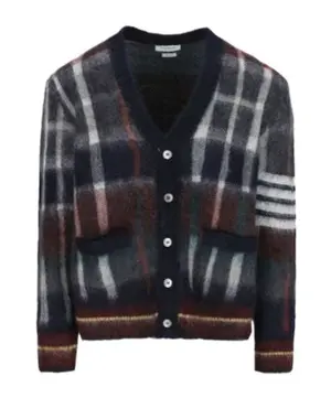 Thom Browne Plaid V-neck Cardigan With Logo Detail