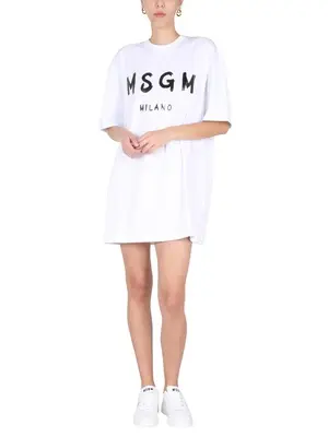 MSGM Logo Printed Crewneck T-shirt Dress - White