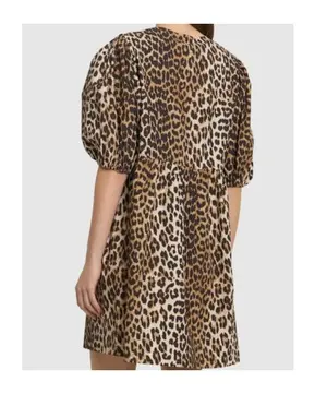 GANNI Leopard Print Puff Sleeve Mini Dress - Multi-color