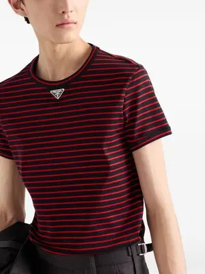 Prada Triangle Logo Striped Crewneck T-shirt