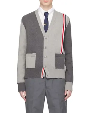 Thom Browne Color Block V-neck Cardigan With Striped Detail