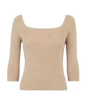 Fendi Square Neck Ribbed 3/4 Sleeve Top