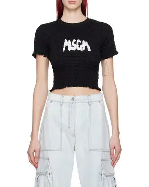 MSGM Cropped Smocked Logo Top
