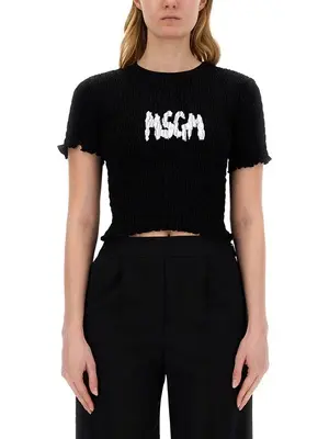 MSGM Cropped Smocked Logo Top