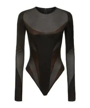 MUGLER Long Sleeve Mesh Bodysuit - Black