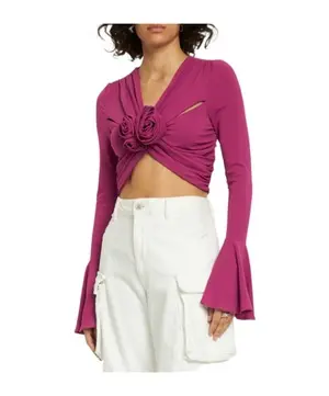 Magda Butrym Draped Jersey Long Sleeve Top With Flower Appliqués