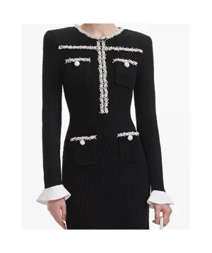 SELF-PORTRAIT Pearl-trim Knit Midi Dress