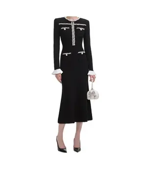 SELF-PORTRAIT Pearl-trim Knit Midi Dress - Black