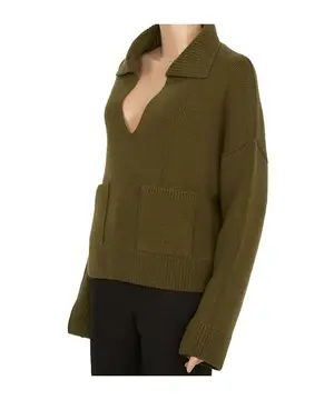 Khaite Long Sleeve Sweater With Lapels And Pockets - Green