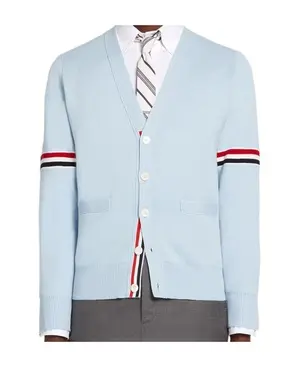 Thom Browne V-neck Cardigan With Striped Detail - Light Blue