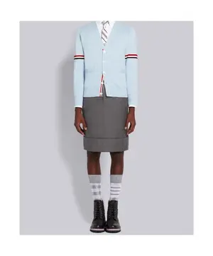 Thom Browne V-neck Cardigan With Striped Detail - Light Blue