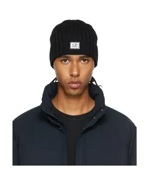 C.P. COMPANY Ribbed Logo Beanie - Black