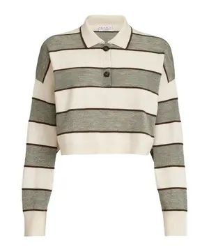 Brunello Cucinelli Sparkling Striped Cropped Knit Polo Shirt - Sage