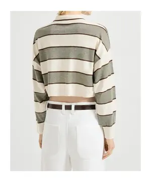 Brunello Cucinelli Sparkling Striped Cropped Knit Polo Shirt - Sage