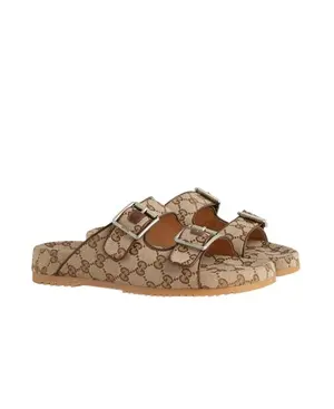 Gucci Gg Canvas Slide Sandals With Buckles - Brown