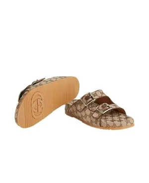 Gucci Gg Canvas Slide Sandals With Buckles - Brown