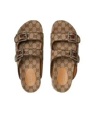 Gucci Gg Canvas Slide Sandals With Buckles - Brown
