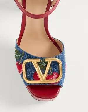 Valentino Garavani Vlogo Signature Platform Denim Sandal With Cherryfic Embroidery 115mm - Red