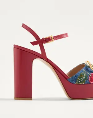 Valentino Garavani Vlogo Signature Platform Denim Sandal With Cherryfic Embroidery 115mm - Red