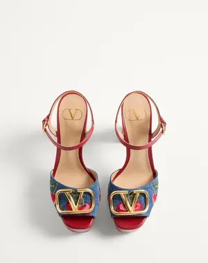 Valentino Garavani Vlogo Signature Platform Denim Sandal With Cherryfic Embroidery 115mm - Red