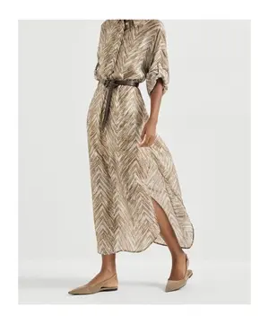 Brunello Cucinelli Chevron-print Silk Shirt Dress - Nude