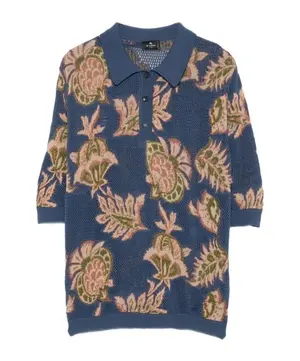 Etro Floral Intarsia Mesh-knit Polo Top