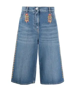 Etro Floral Embroidered Wide-leg Denim Culottes