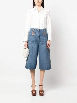 Etro Floral Embroidered Wide-leg Denim Culottes