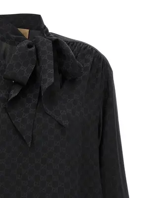 Gucci Embellished Gg Crepe Satin Shirt With Self-tied Bow